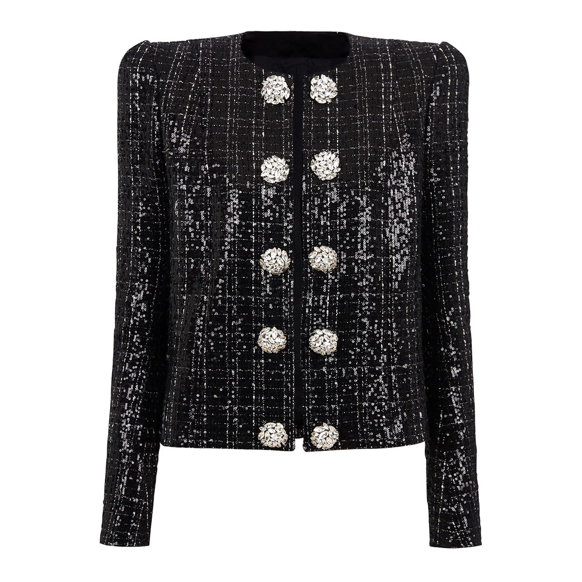 Women's Round Neck Crystal Embellished Button Front Sequin Jacket – Vivanti London