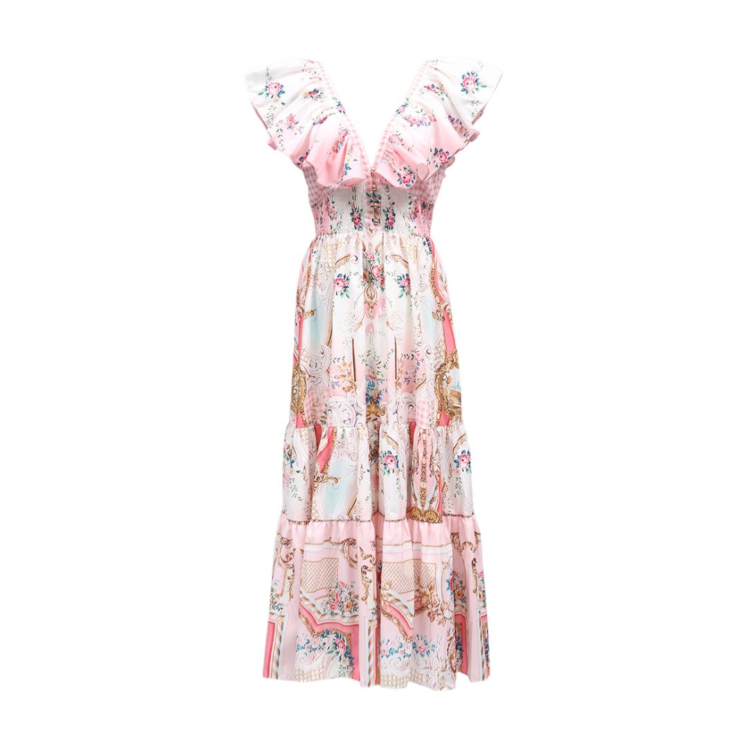 Floral Print Sundress with Ruffles and Sleeveless Open Back Smocked ...